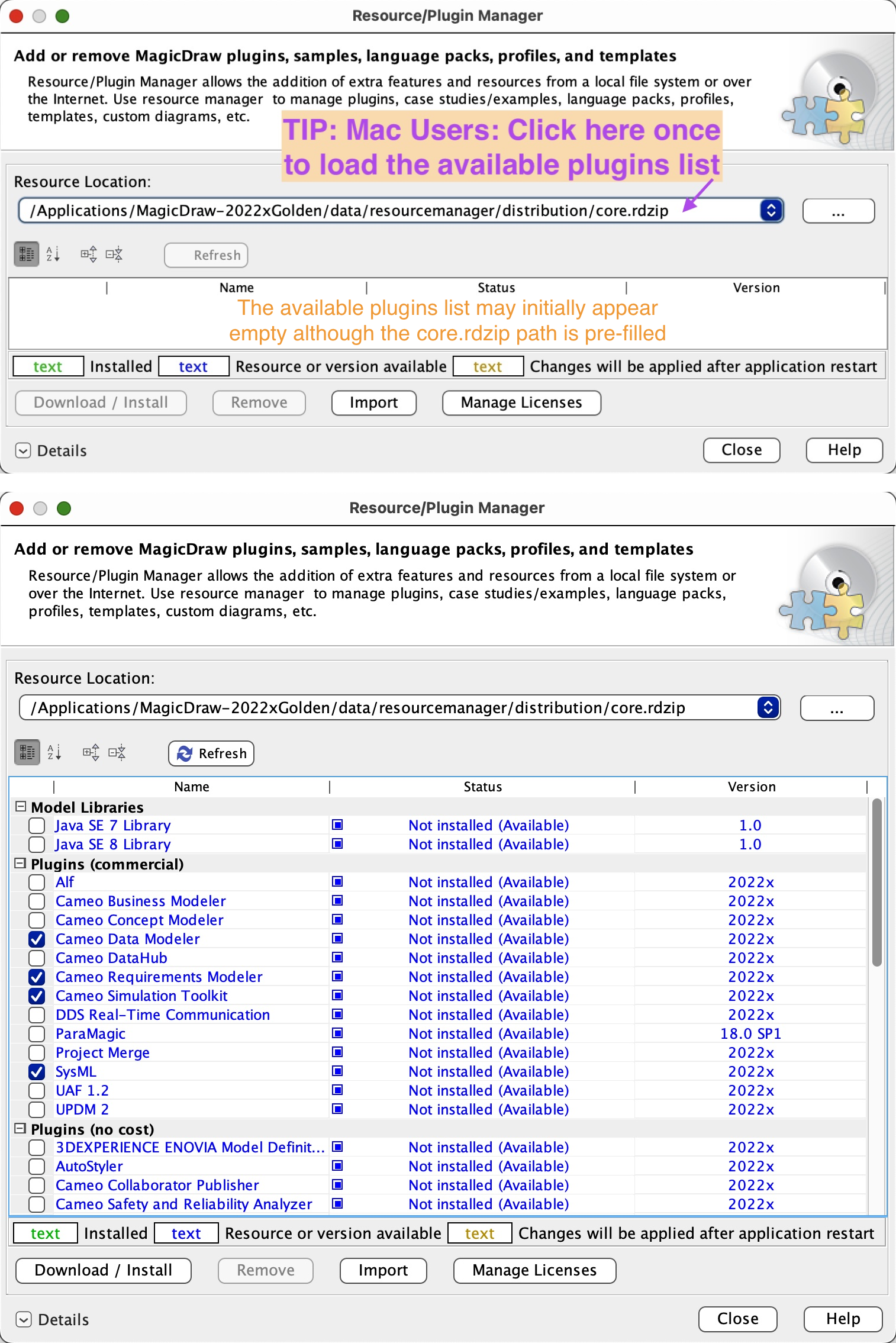 MagicDraw/Cameo: 2022xGolden: TIP/GOTCHA: Mac: HOWTO Load the available plugins in the Resource ...